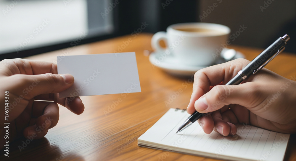 Hand writing on the back of a business card with a pen, a perfect ...