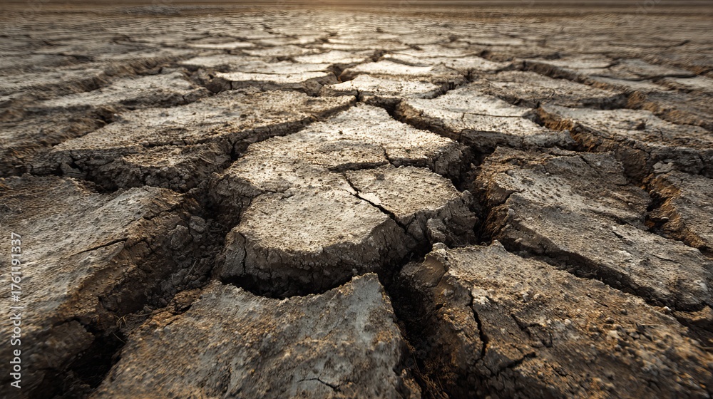 Desolate, sun baked earth cracks under arid drought conditions ...