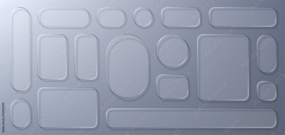 Set of liquid glass morphism elements on gray background. Blur effect ...
