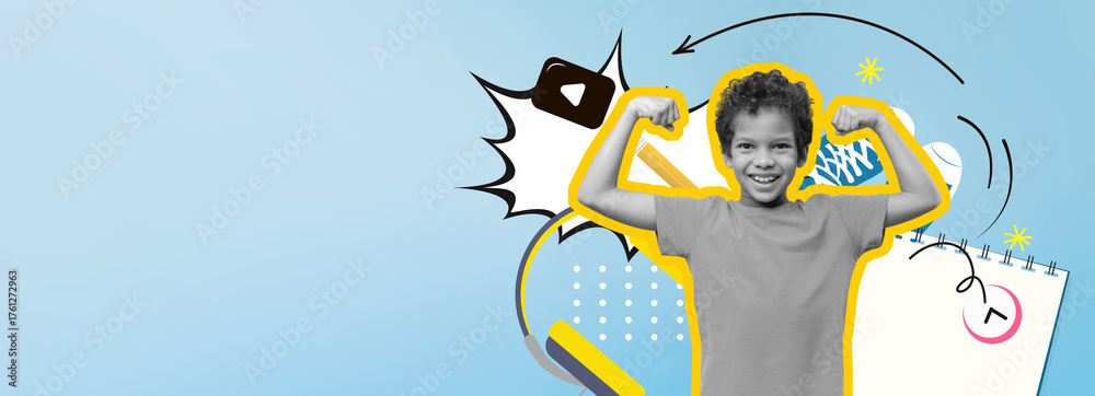 Bright and colorful collage showcases a smiling child flexing muscles ...