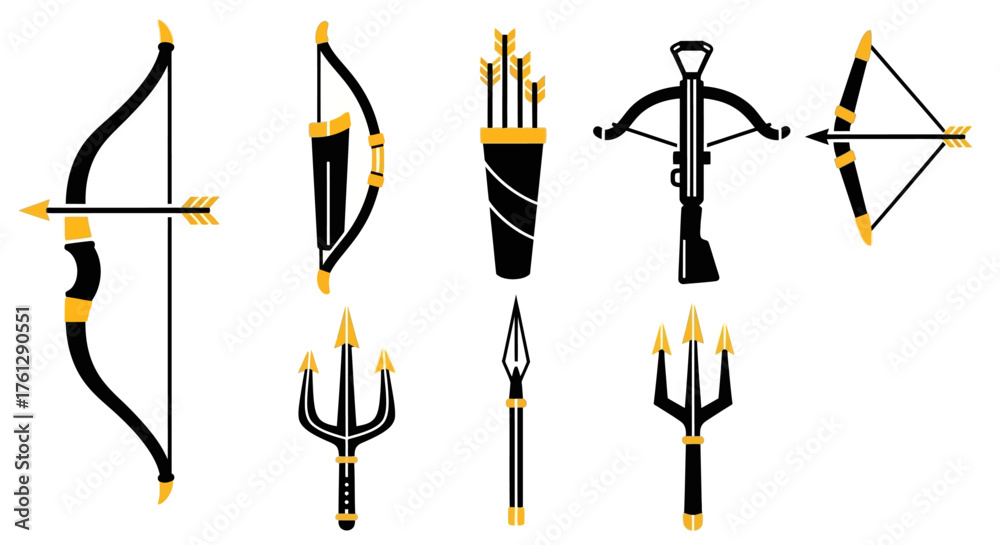 Collection of various weapons including bows, arrows, quivers ...