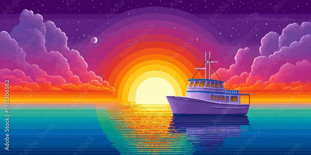 a pixel art sunset at sea with gradient sky, bobbing boat, and 8-bit ...