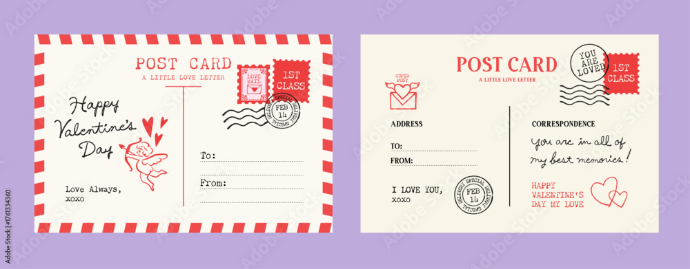 Valentine’s Day postcard template with romantic stamps and handwritten ...