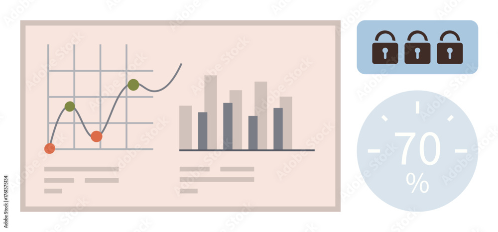 Image vectorielle Stock Line graph, bar chart, three lock icons, and 70 ...