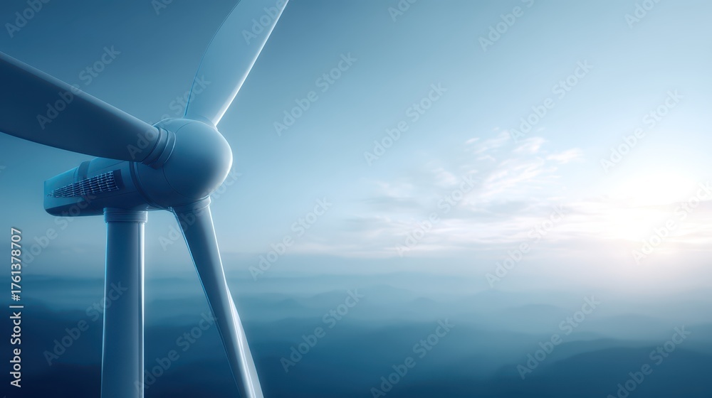 Wind turbine stands majestically in sky large turbine rotor blades turn ...