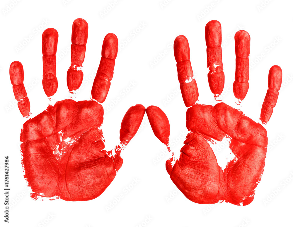 Red bloody child's handprint on white background as an artistic symbol ...