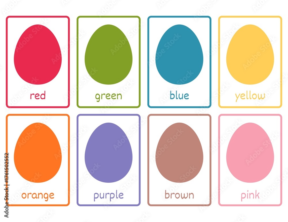 Colorful eggs with names for kids on white background in simple flat ...