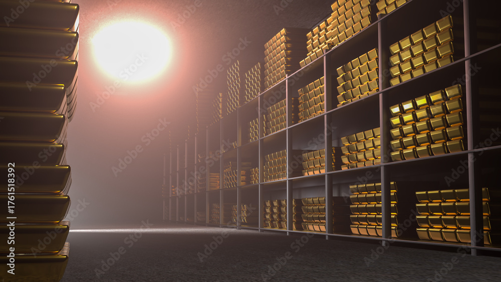 Generic gold reserve vault with stacks of gold bars. Bank vault with ...