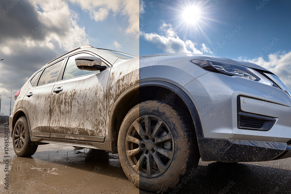 Before and after car wash showing transformation from muddy to clean ...