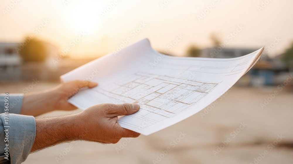Construction worker holding architectural blueprint during sunset ...
