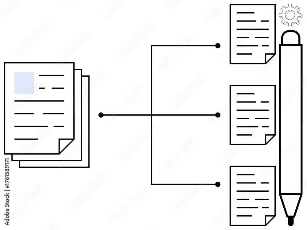 Stacked files linked to multiple documents via connectors with a large ...