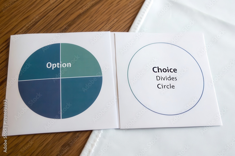 An open booklet showing a divided circle diagram illustrating options ...