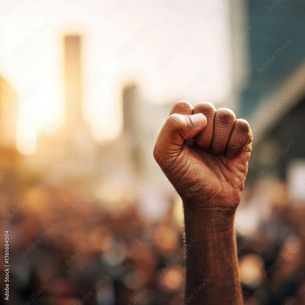 Foto de Stock Raised Fist in Air During Protest Rally – Symbol of ...