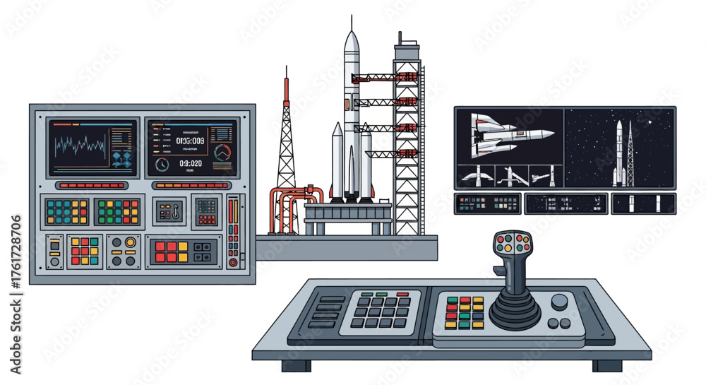 Space Exploration Control Panel and Rocket Launch Illustration ...