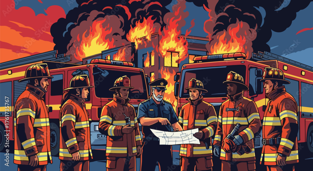 Flat vector of firefighter team briefing together before mission beside ...