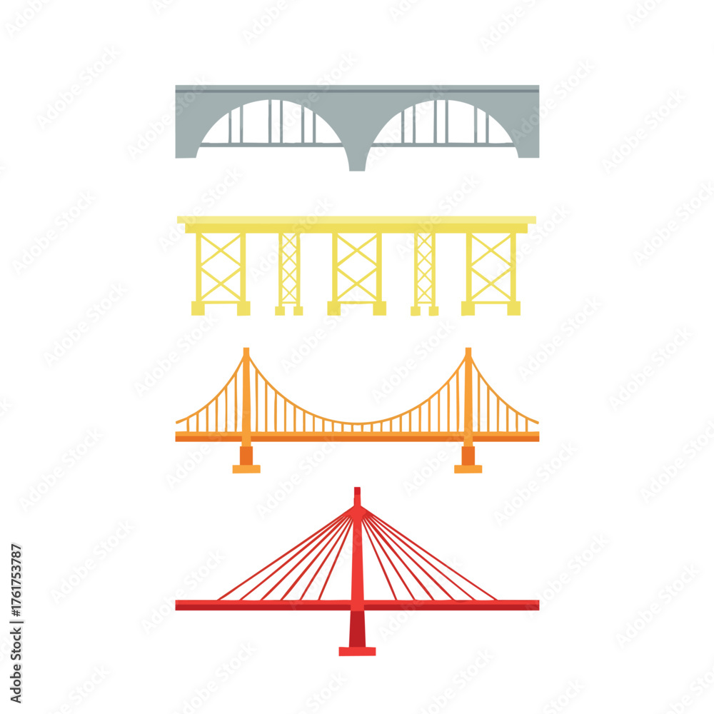 A colorful set of four different bridge types arch truss suspension and ...