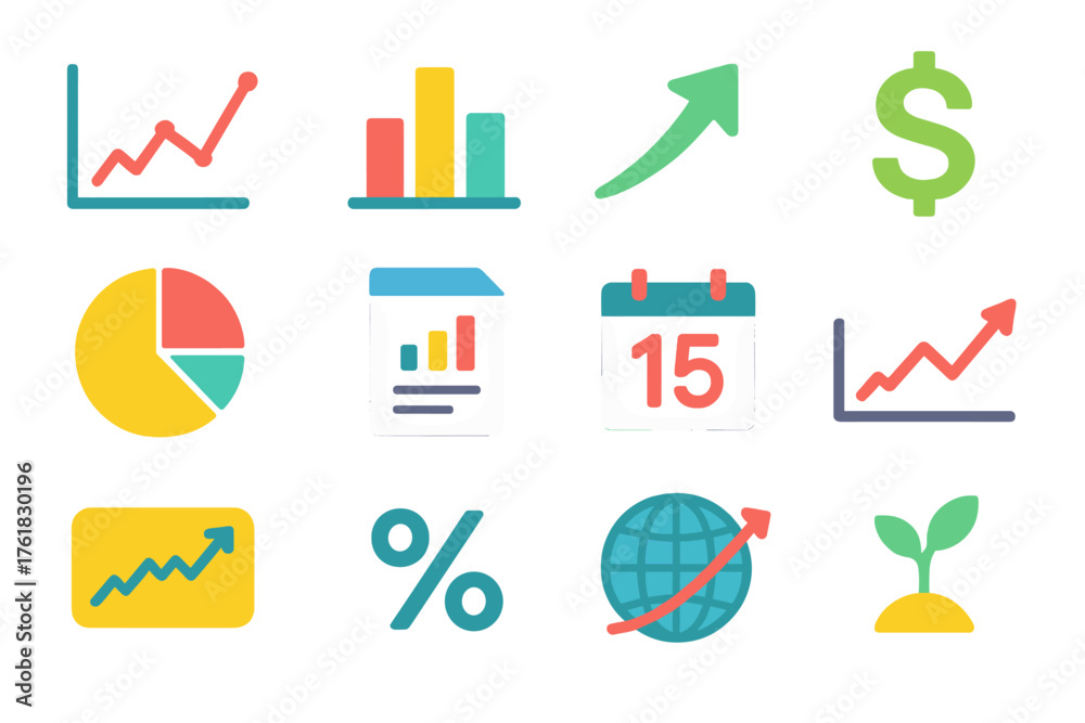 Financial Index Icons flat icons: stock graph, bar chart, upward arrow ...