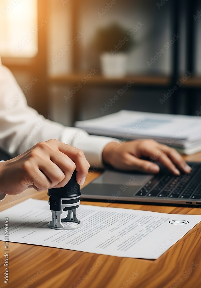 Person stamping document near laptop paper hand Stock Photo | Adobe Stock