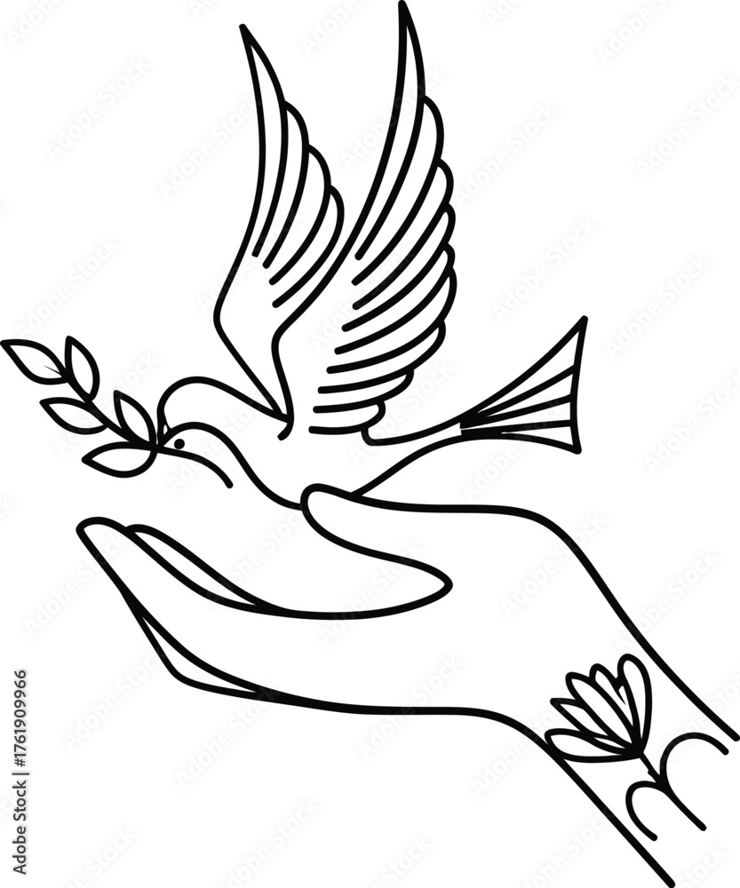 Dove carrying an olive branch is being released from a hand symbolizing ...