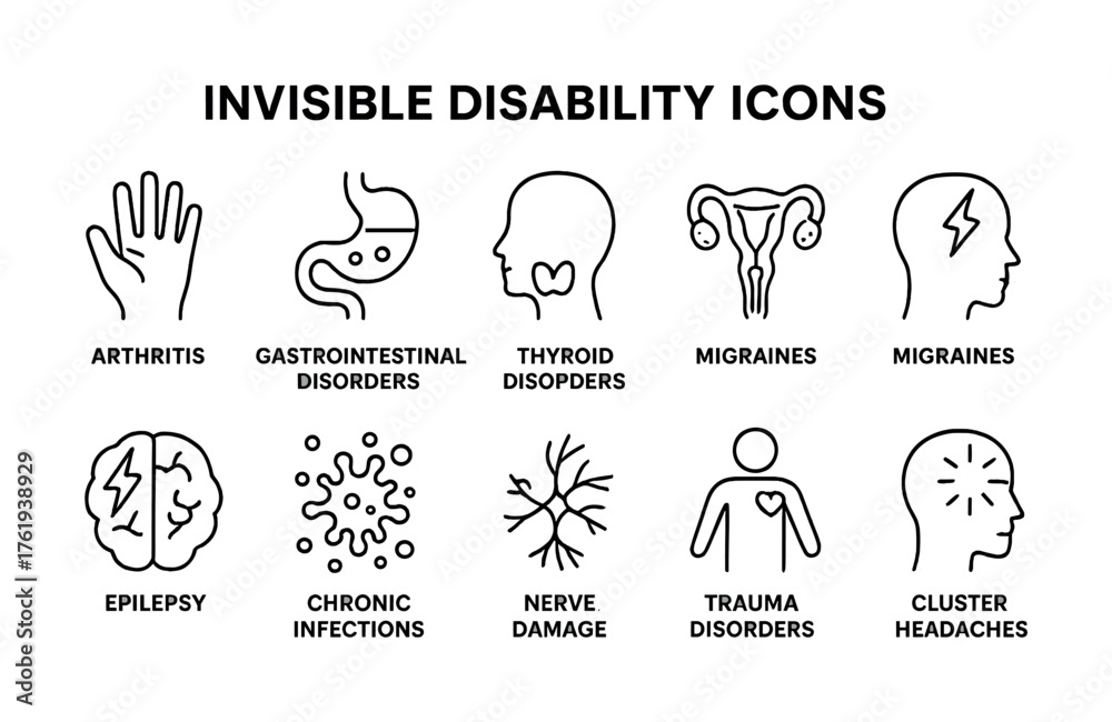 Invisible disability icons: arthritis, disorders, migraines, epilepsy ...