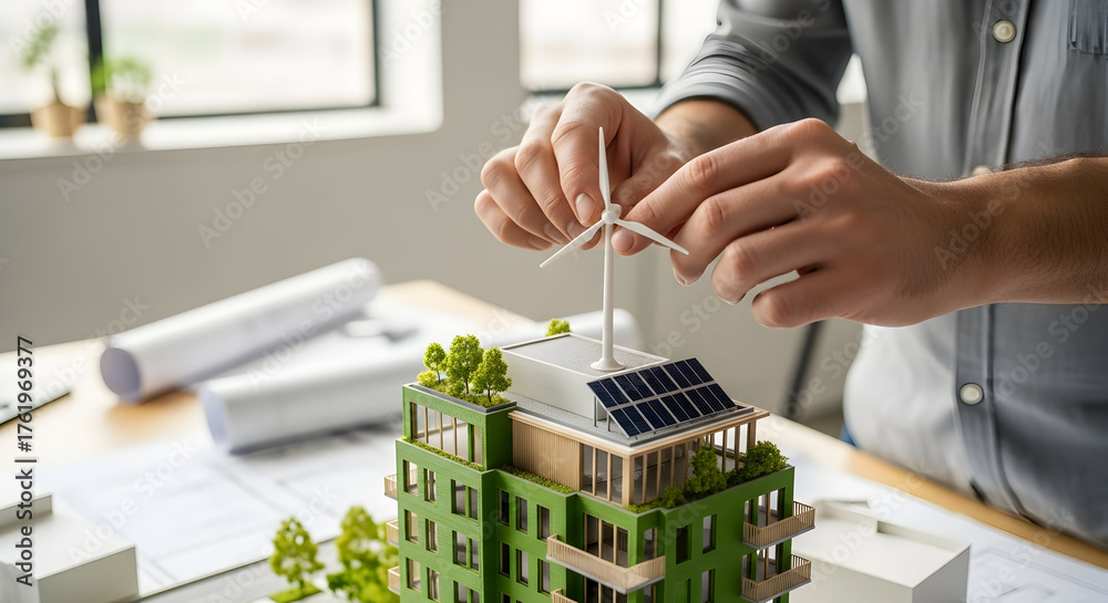 Architect designing a sustainable green building model with solar ...