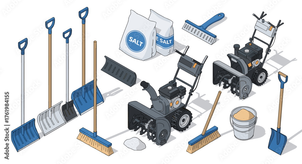 Essential winter tools for snow removal and ice management in isometric ...