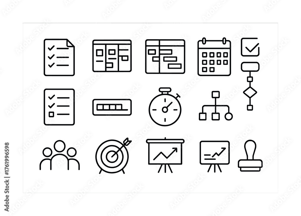 Project management icons: tasks, calendar, flowchart, stopwatch, team ...