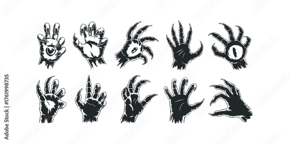 Monstrous Hand Poses with Sharp Claws and Eyeball Accents Stock Vector ...