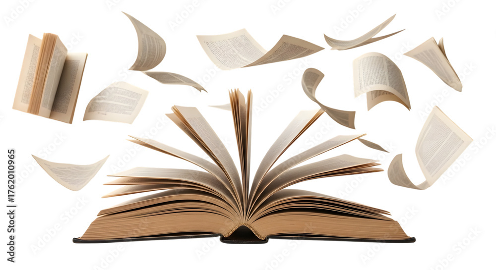 Torn and scattered pages of an antique open book flying apart on a ...
