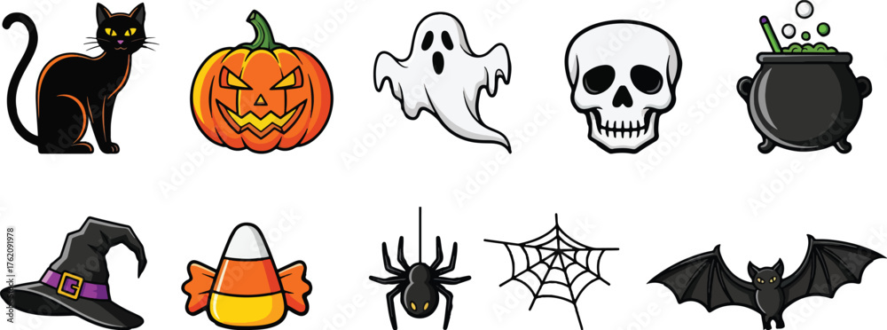 Halloween icons et with a black cat, pumpkins, ghost, skull, cauldron ...