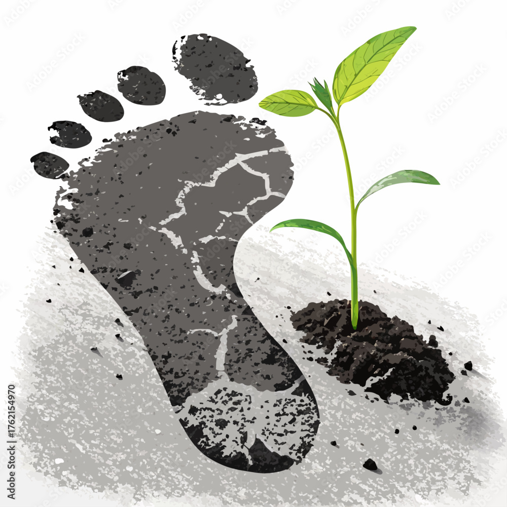 Carbon footprint and nature's renewal, A sprout growing from soil next ...