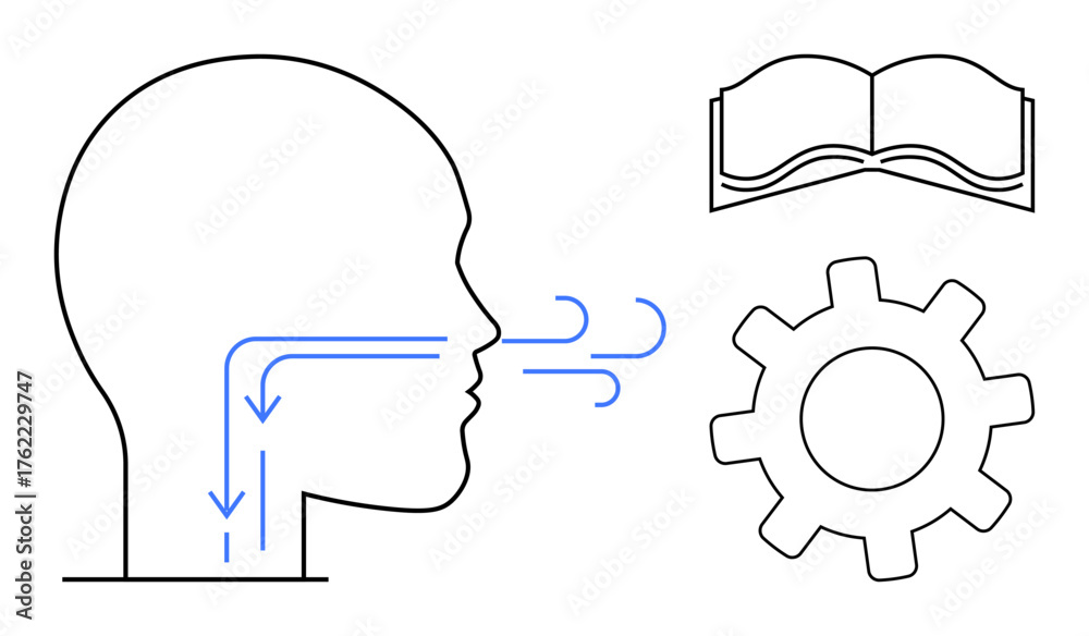 Diagram of human breathing with air pathways, open book, and gear shape ...