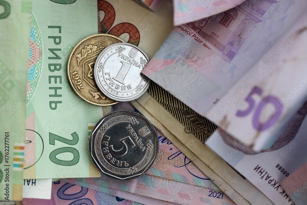 Photo Stock Big amount of different Ukrainian hryvnia money bills. Pile ...