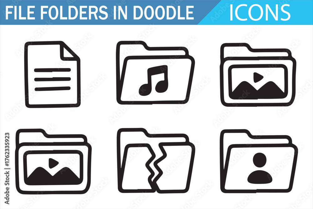 Cartoon line icons showing different types of folders and file document ...