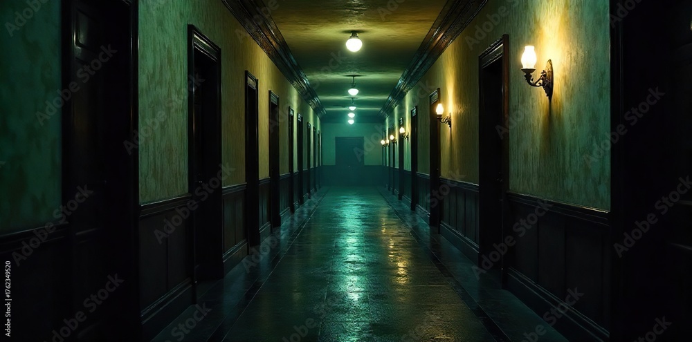 Mysterious Hotel Corridor at Night Vintage, Dimly Lit Atmosphere, Grand ...