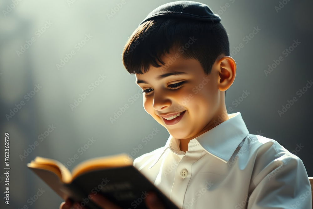 young boy wearing a traditional Jewish hat (kippah) is shown reading a ...