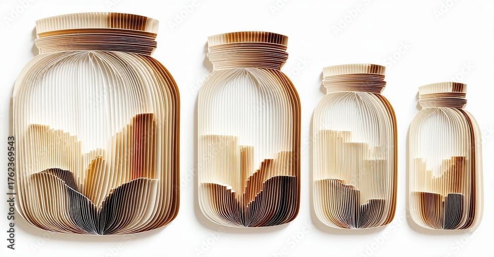 Jars depict landscapes using folded paper. Varying sizes create depth ...