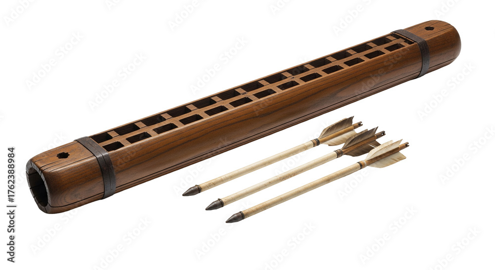 Focus on a long wooden tube part of a Korean hwacha fire arrow launcher ...