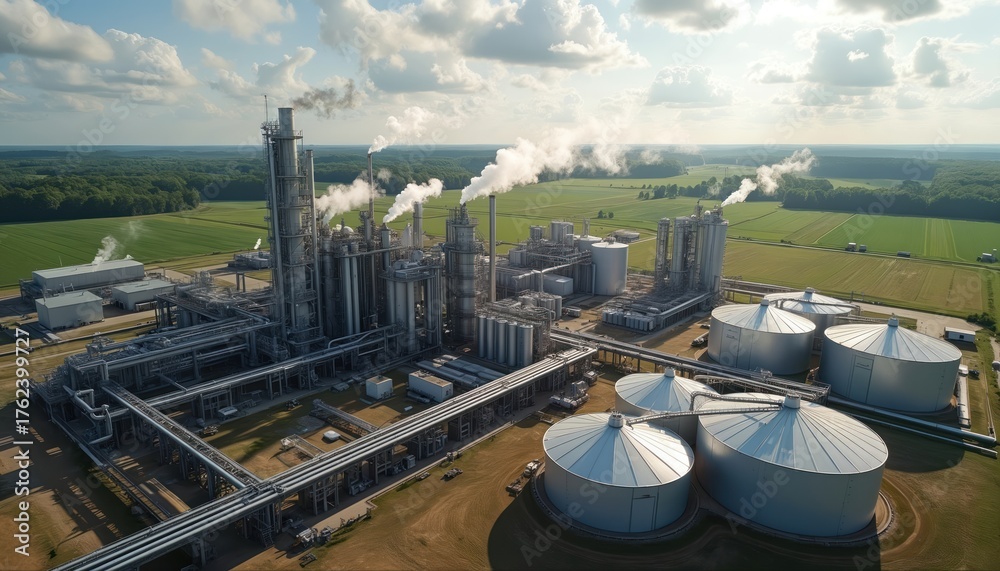 Industrial ethanol plant with smokestacks. Large tanks store liquid ...