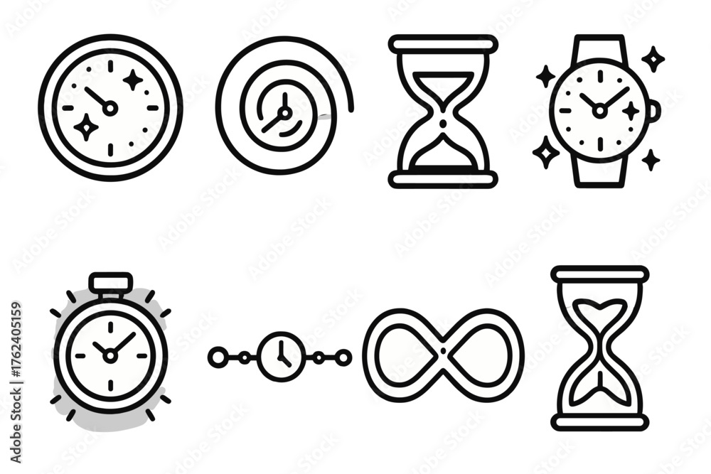 Creative timestamp outline icon set: starry clock, abstract spiral with ...