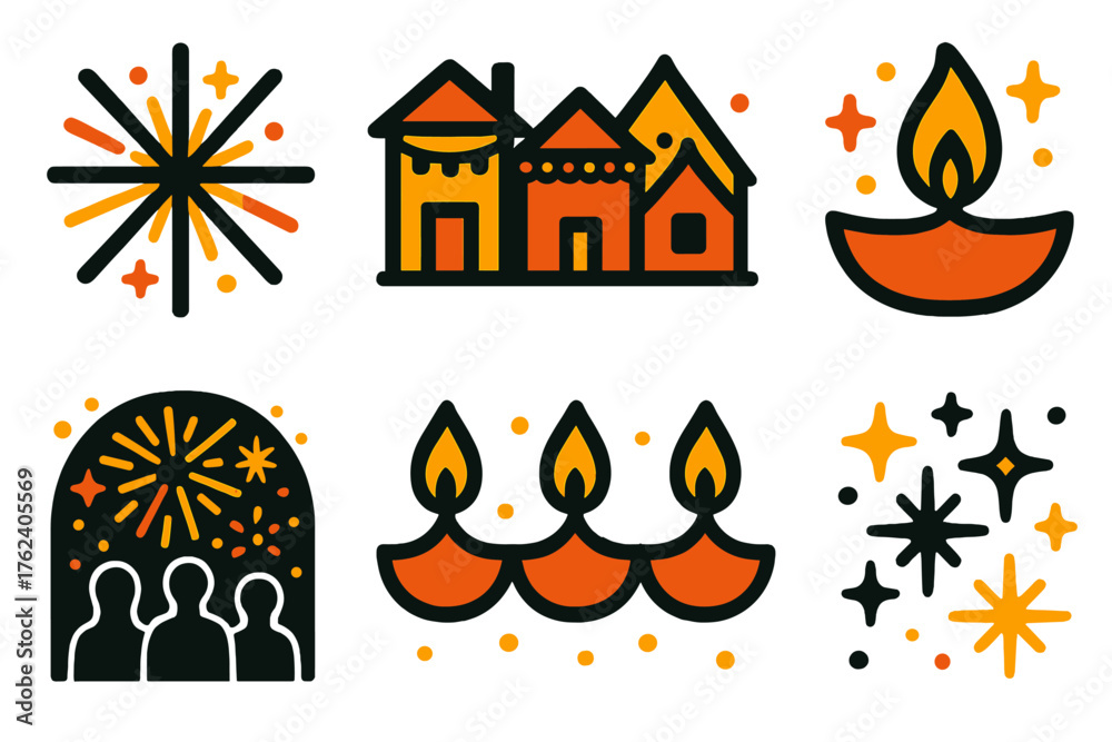 Diwali Celebration Lights silhouette set: fireworks burst, decorated ...