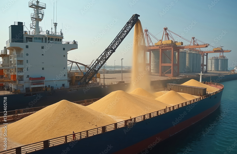 Large cargo ship is loaded with grain at a sunny port. Automatic ...