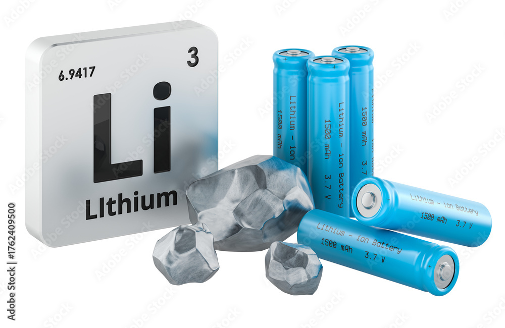 Periodic table sign for lithium element with metallic ore pieces and ...