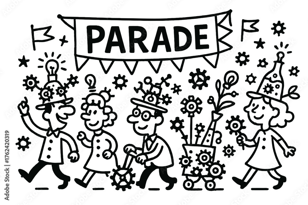 Inventor Parade Doodle. Doodle inventor parade with hats, gears, and ...