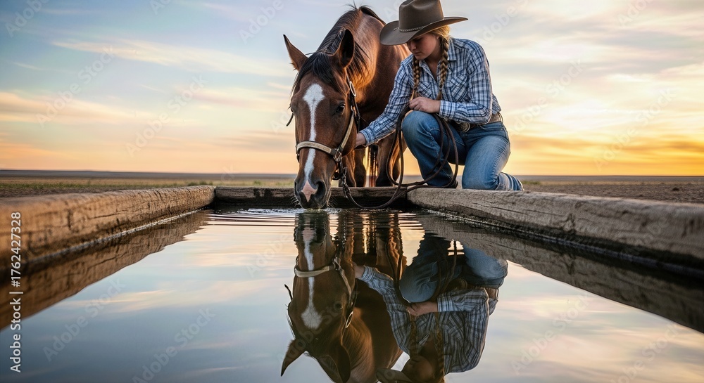Western cowgirl kneels, tenderly touching her horse as it drinks from a ...