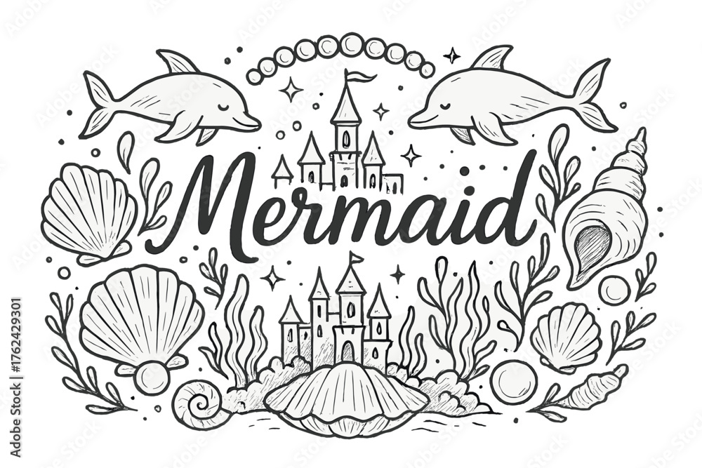 Mermaid Kingdom Illustration. Hand-drawn mermaid kingdom with shells ...