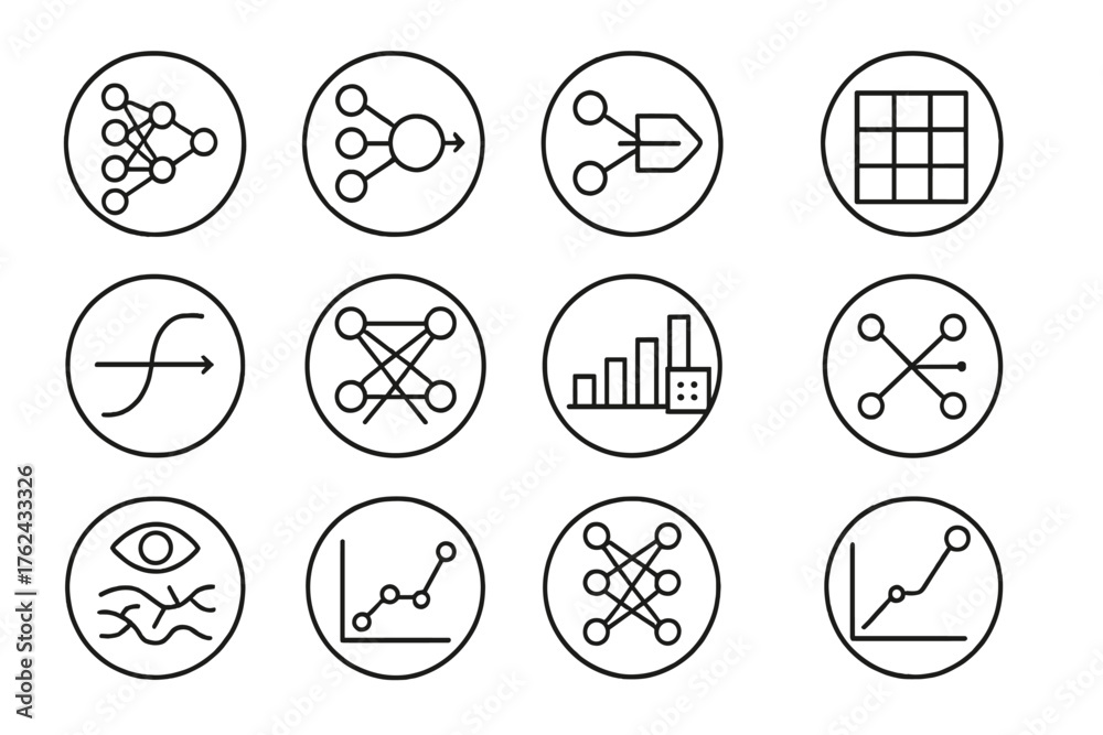 Deep Learning Icons. Line style round icons of deep learning: neural ...