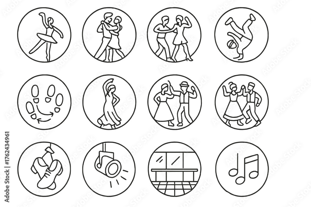 Dance Style Icons. Line style round icons of dance styles: ballet pose ...