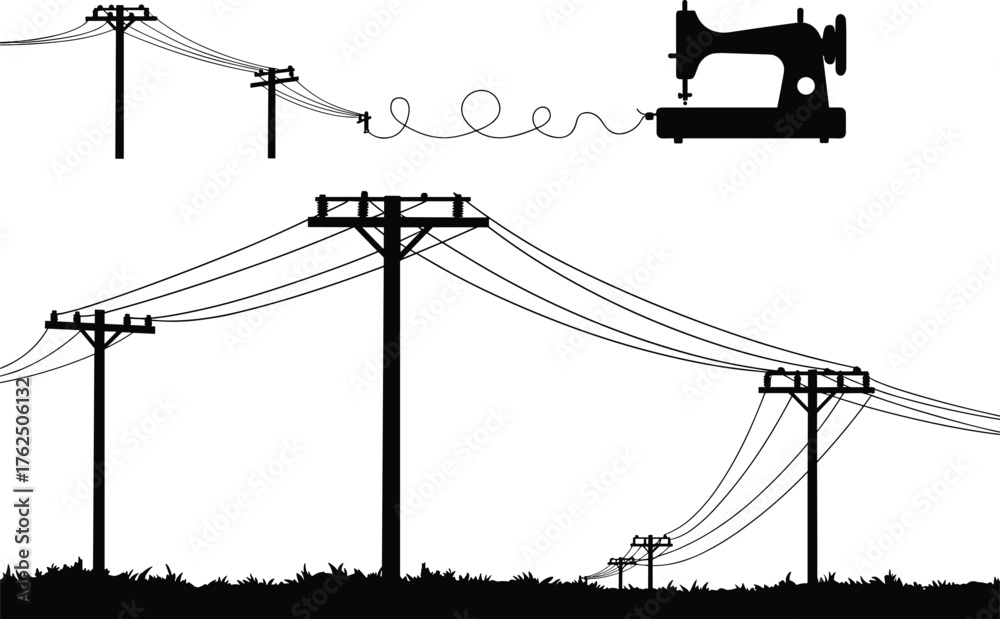 Stock-Vektorgrafik „Utility poles, power lines, sewing machine, surreal ...