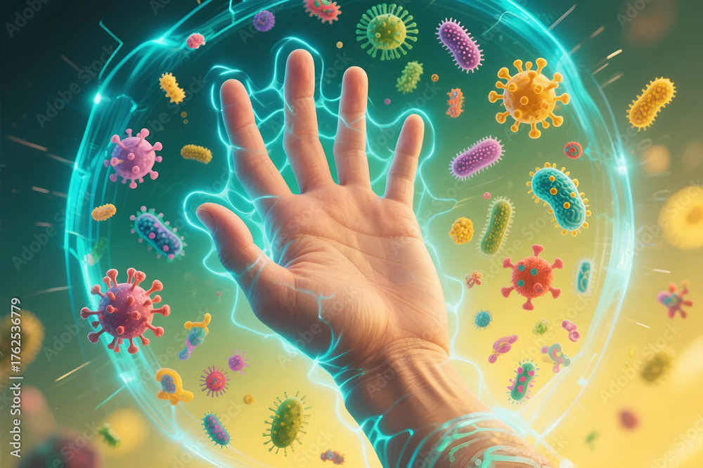 Illustration Stock Protective hand emitting a glowing energy shield ...
